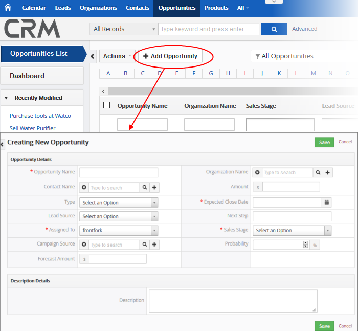Add Opportunities, CRM Opportunity, Customer Relationship Management | Comodo